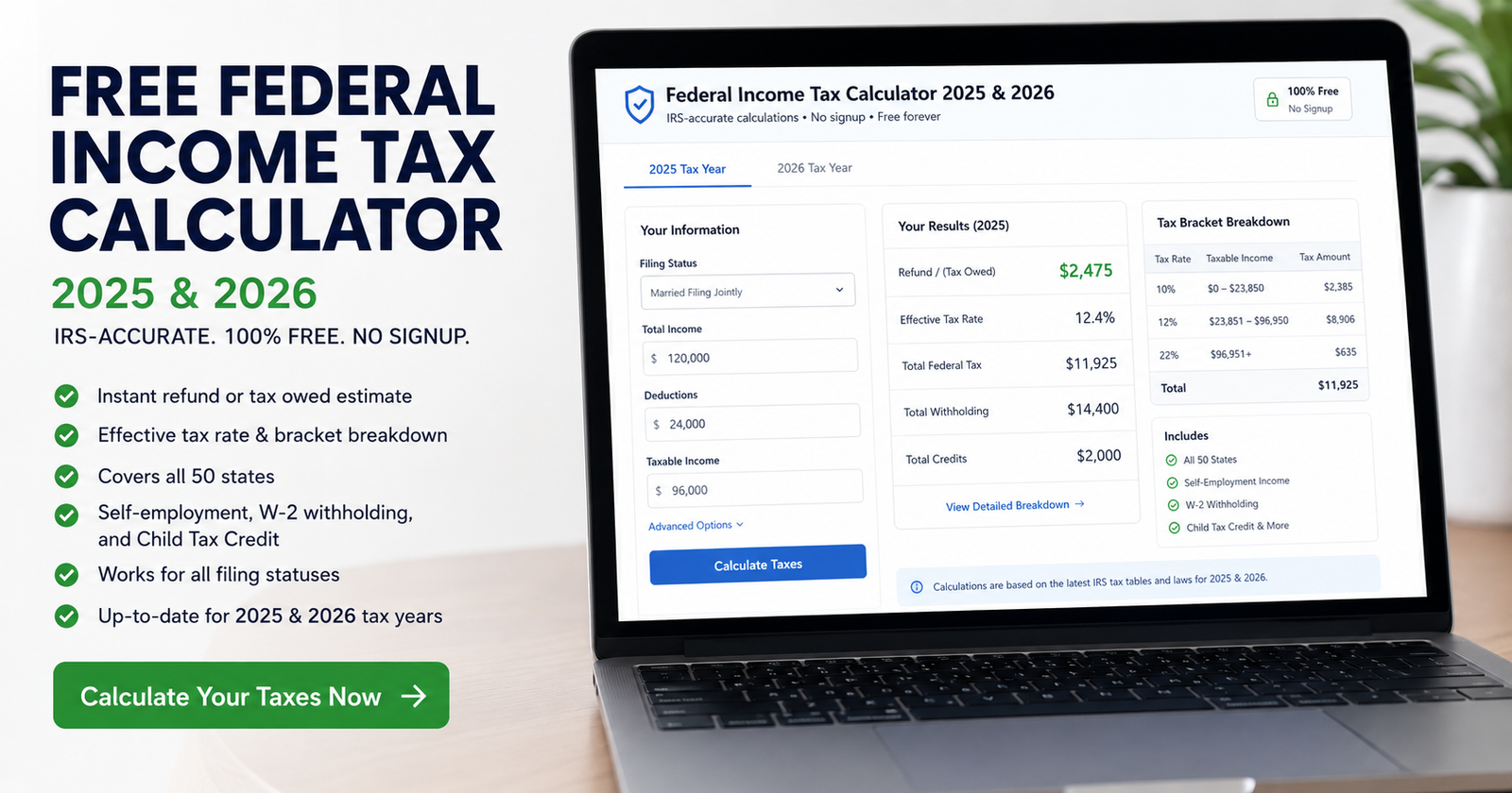 Federal Income Tax Calculator 2025–2026 | Free IRS Tax Estimator ...